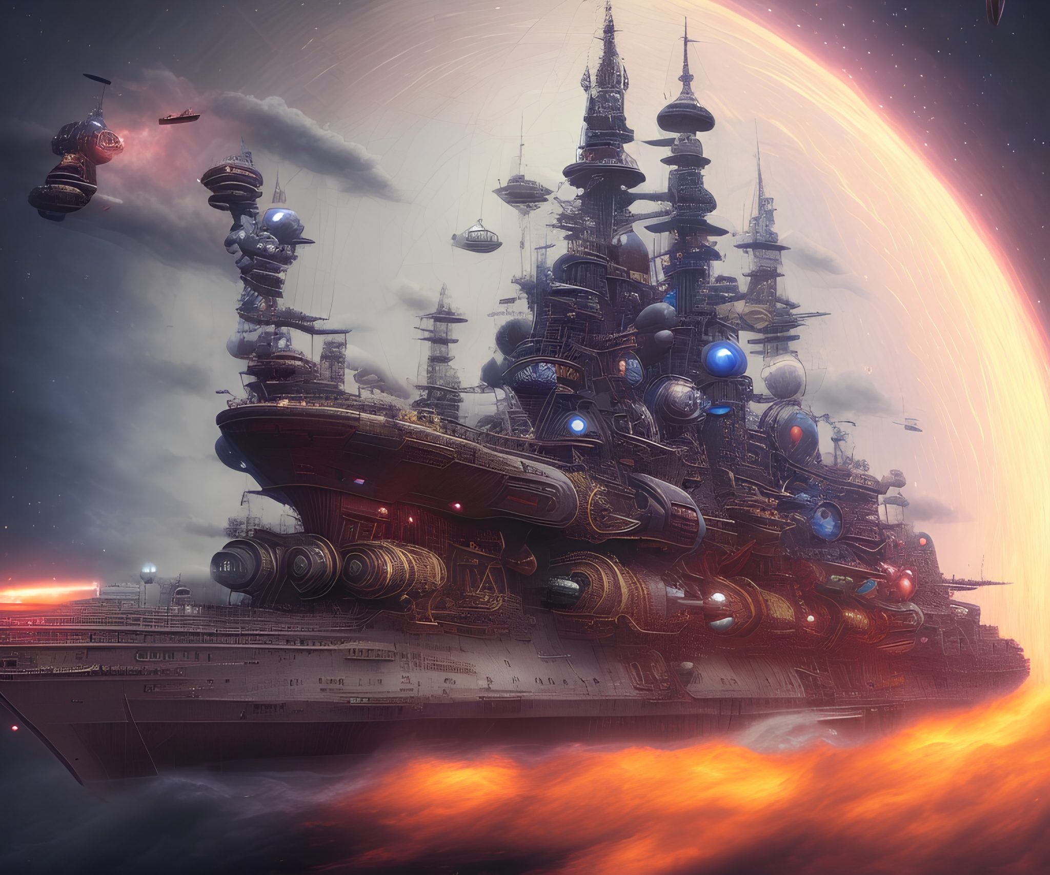 A Steampunk Battleship entering a portal gateway in Cosmic Space