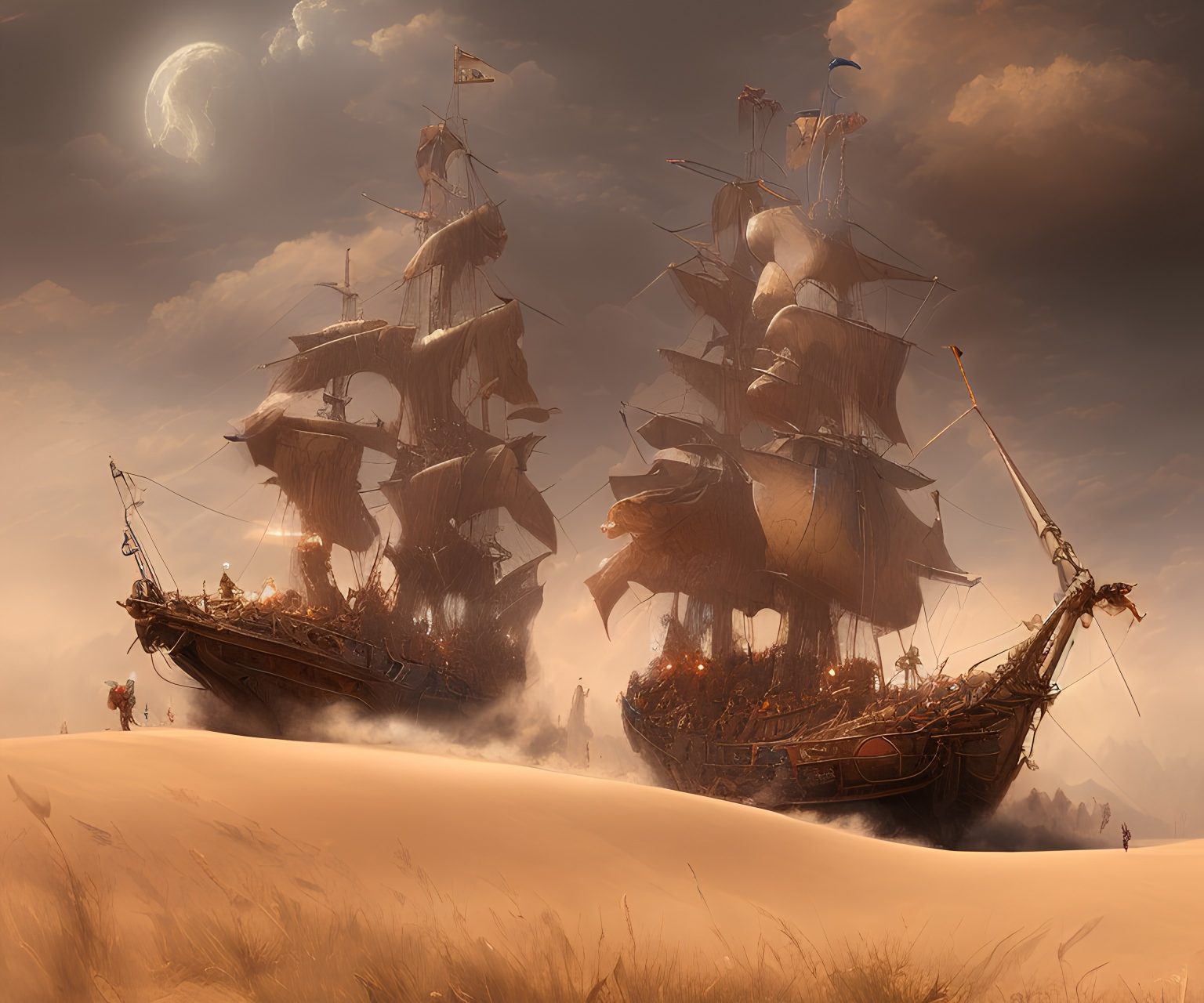 Steampunk Boat riding across the Sand Dunes