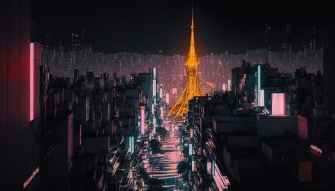 Tokyo Tower Japan in Cyberpunk Style