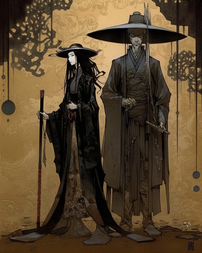 Swordsman Couple in Contemporary Japanese Art Style