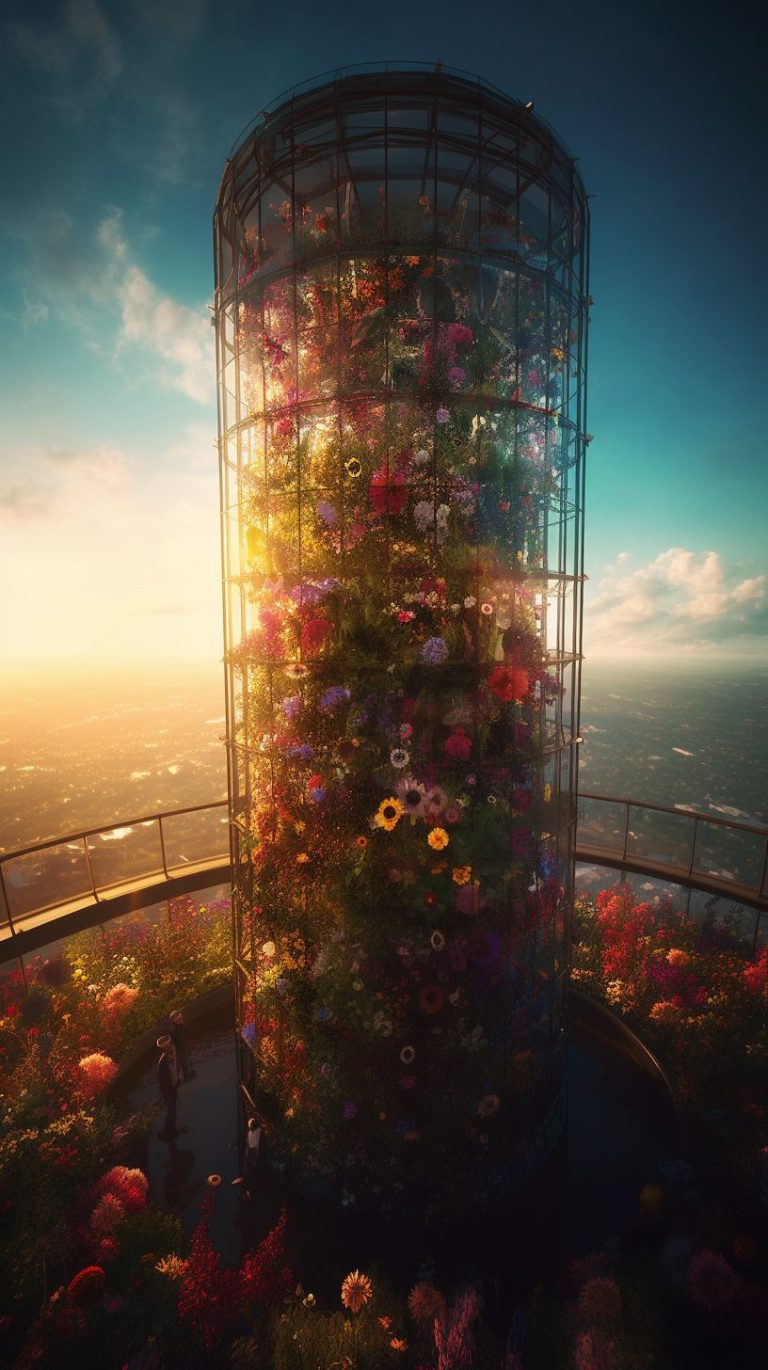 Giant Glass Tower filled with Flowers