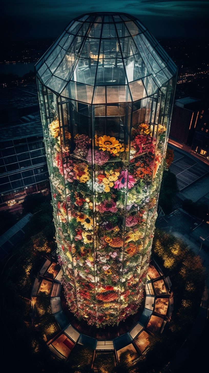 Giant Glass Tower filled with Flowers