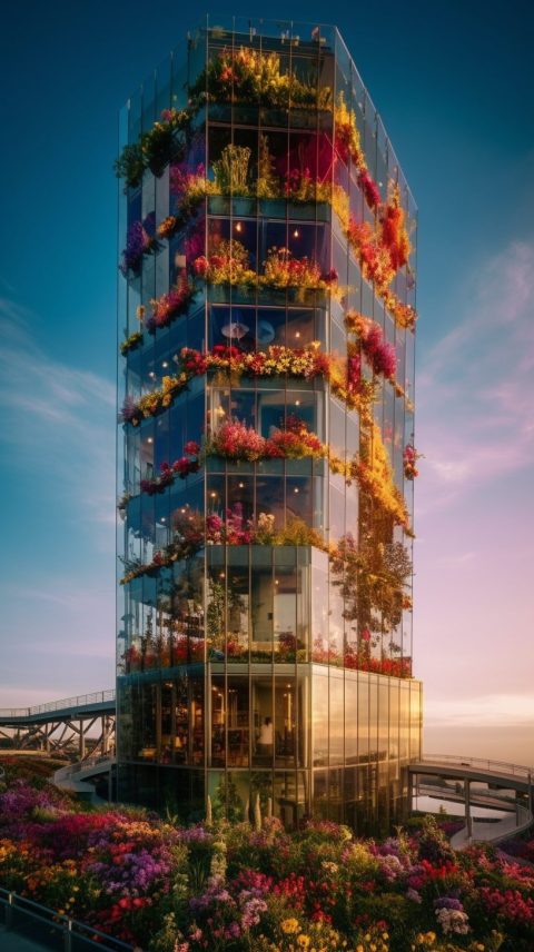 Giant Glass Tower filled with Flowers