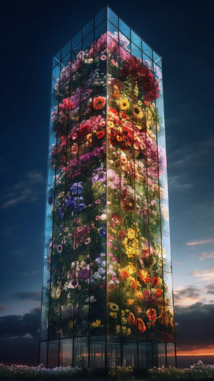 Giant Glass Tower filled with Flowers