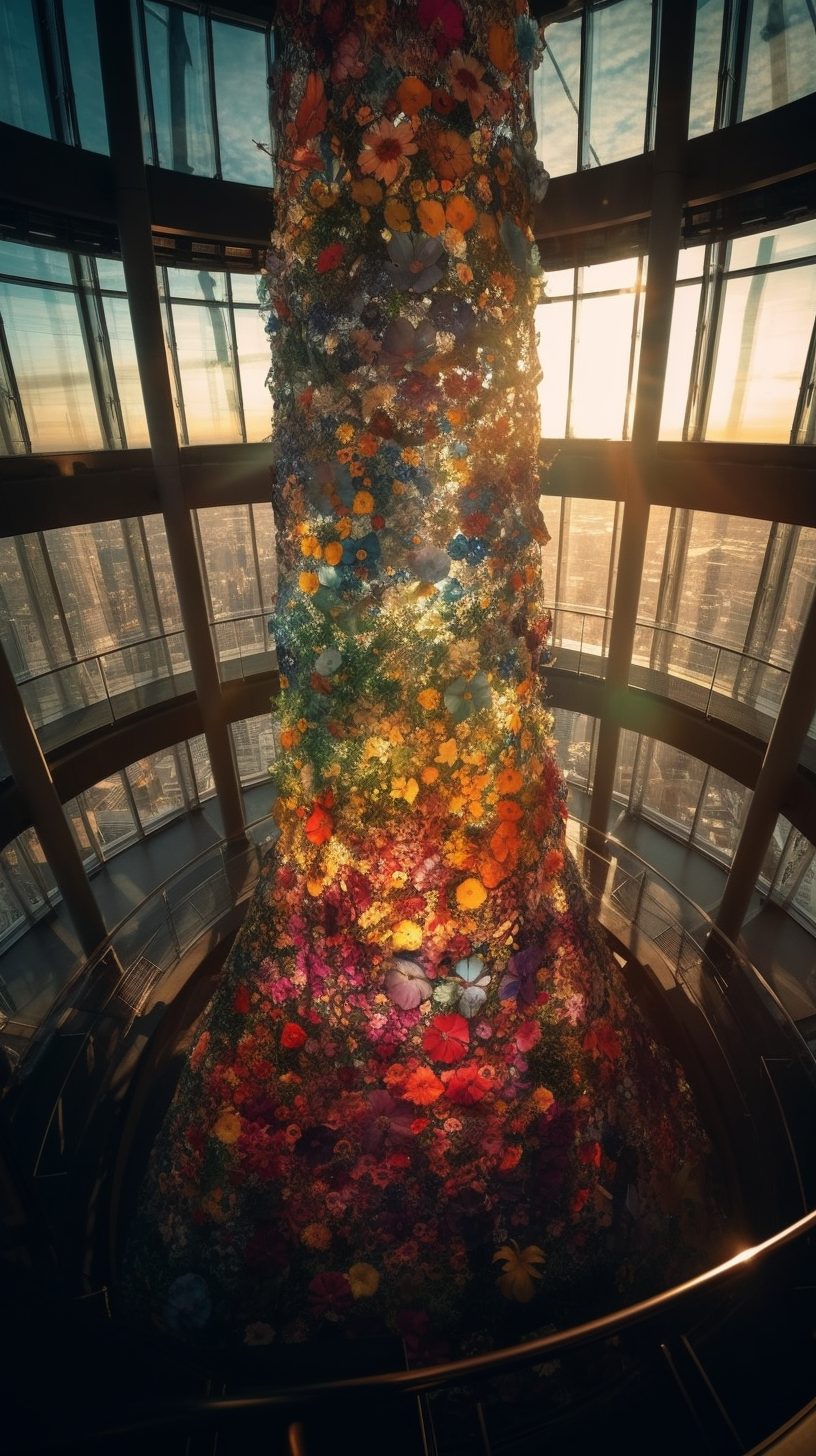 Giant Glass Tower filled with Flowers