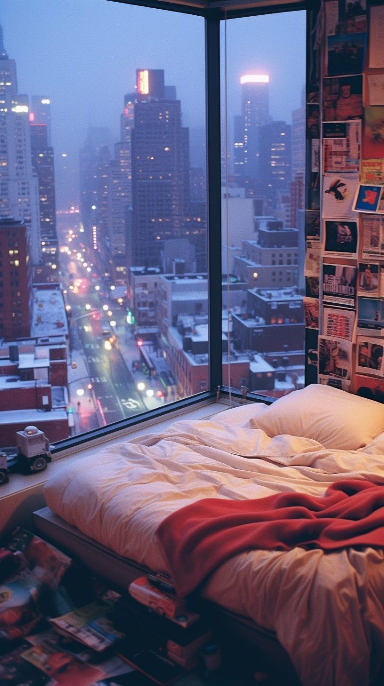 A Bedroom has a View of a Snowy City