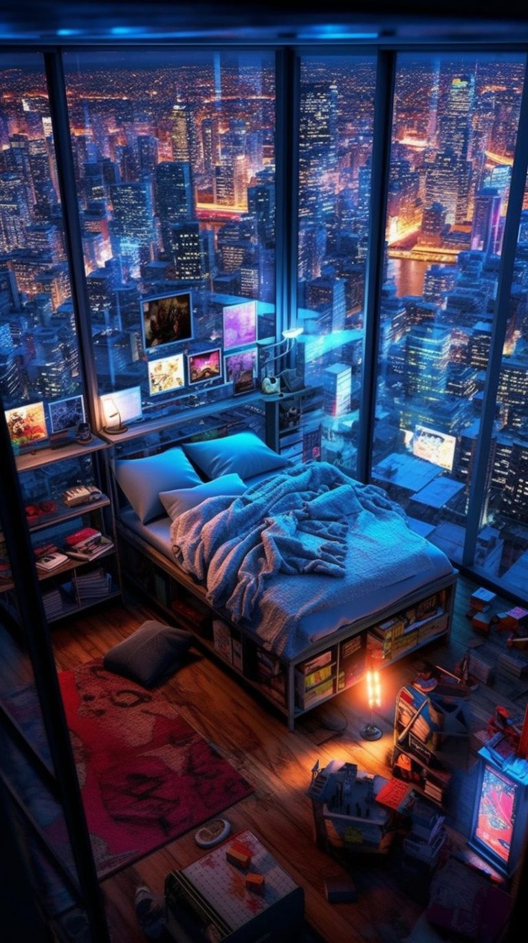 High Ceiling Apartment with Cyberpunk Cityscape View