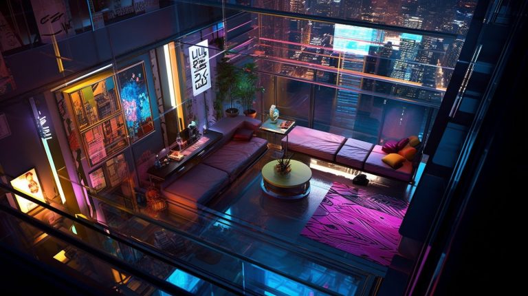 High Ceiling Apartment with Cyberpunk Cityscape View