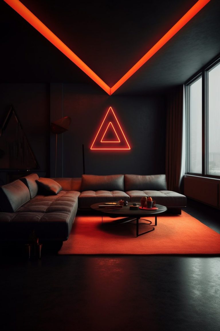 A Brutalist Apartment with Red and Orange Neon Lighting – Triangle