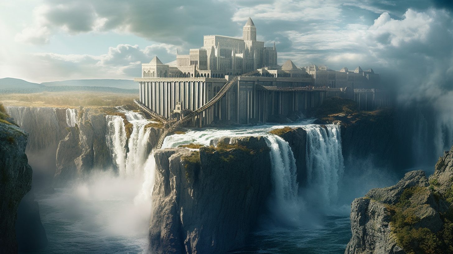 A Castle and Palace on a Mountain with Waterfalls