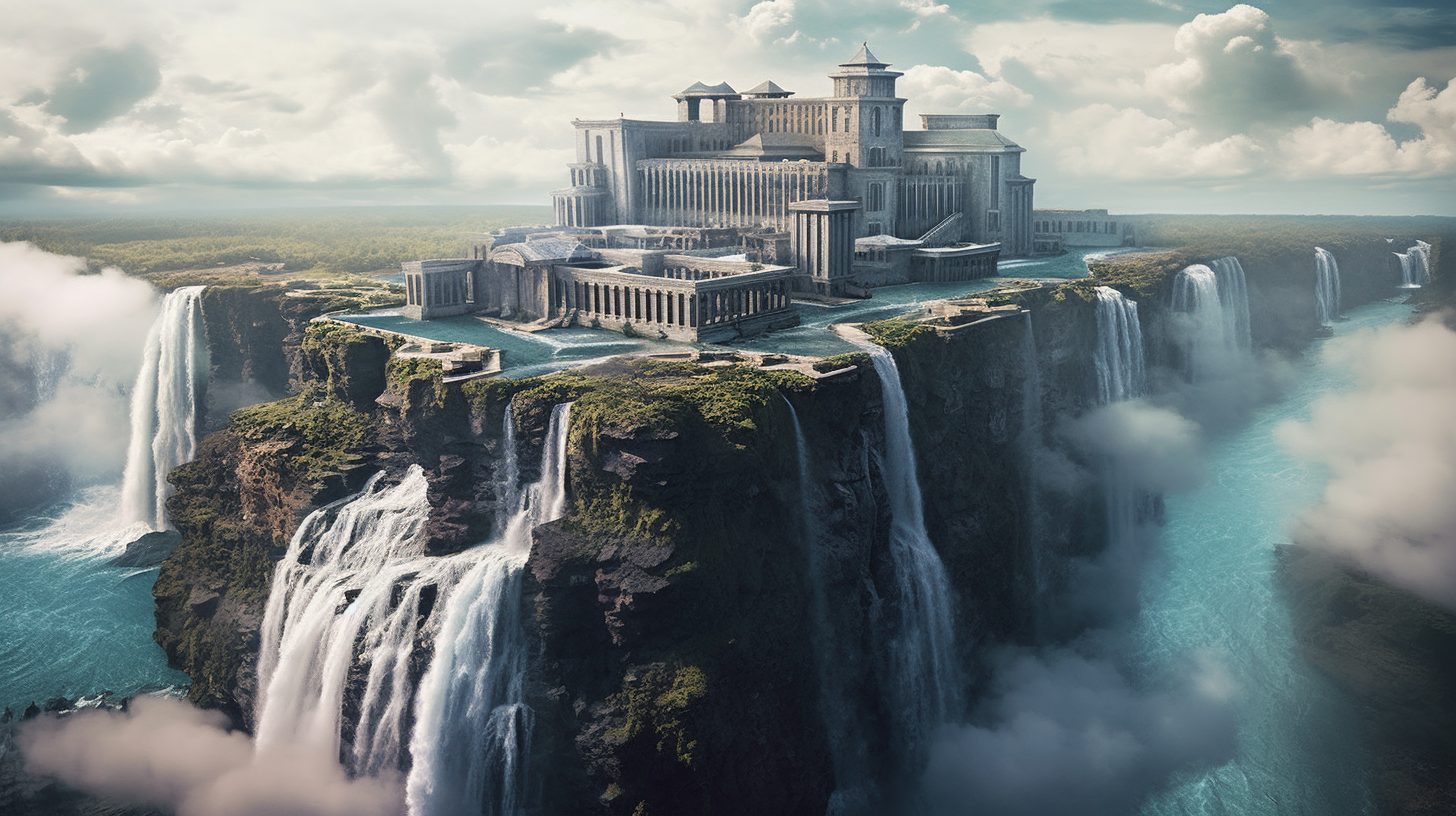 A Castle and Palace on a Mountain with Waterfalls