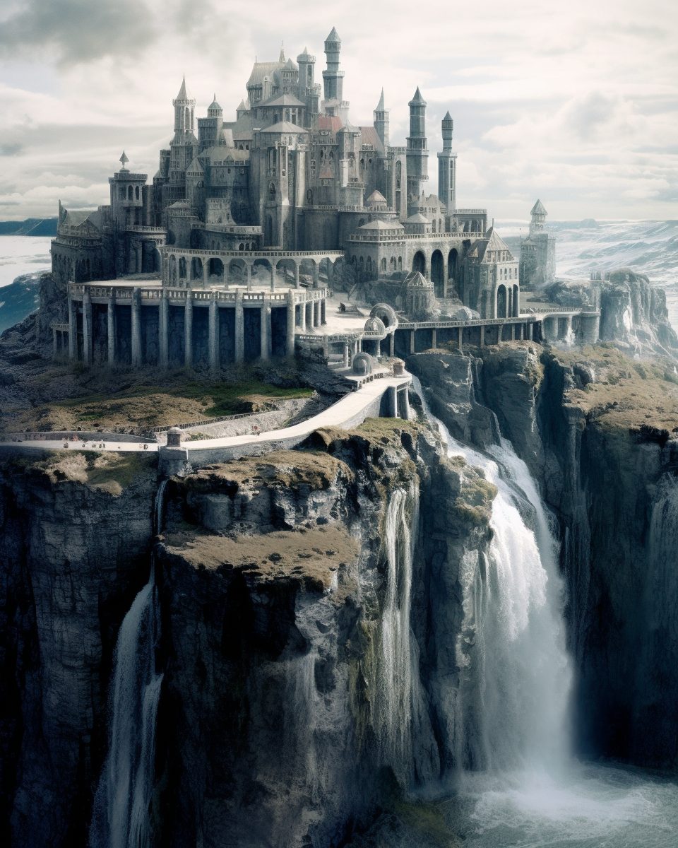 A Castle and Palace on a Mountain with Waterfalls