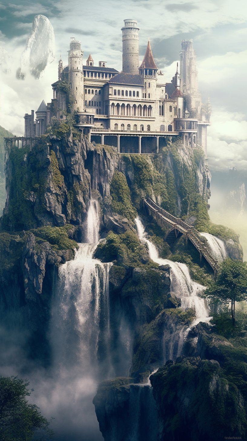 A Castle and Palace on a Mountain with Waterfalls
