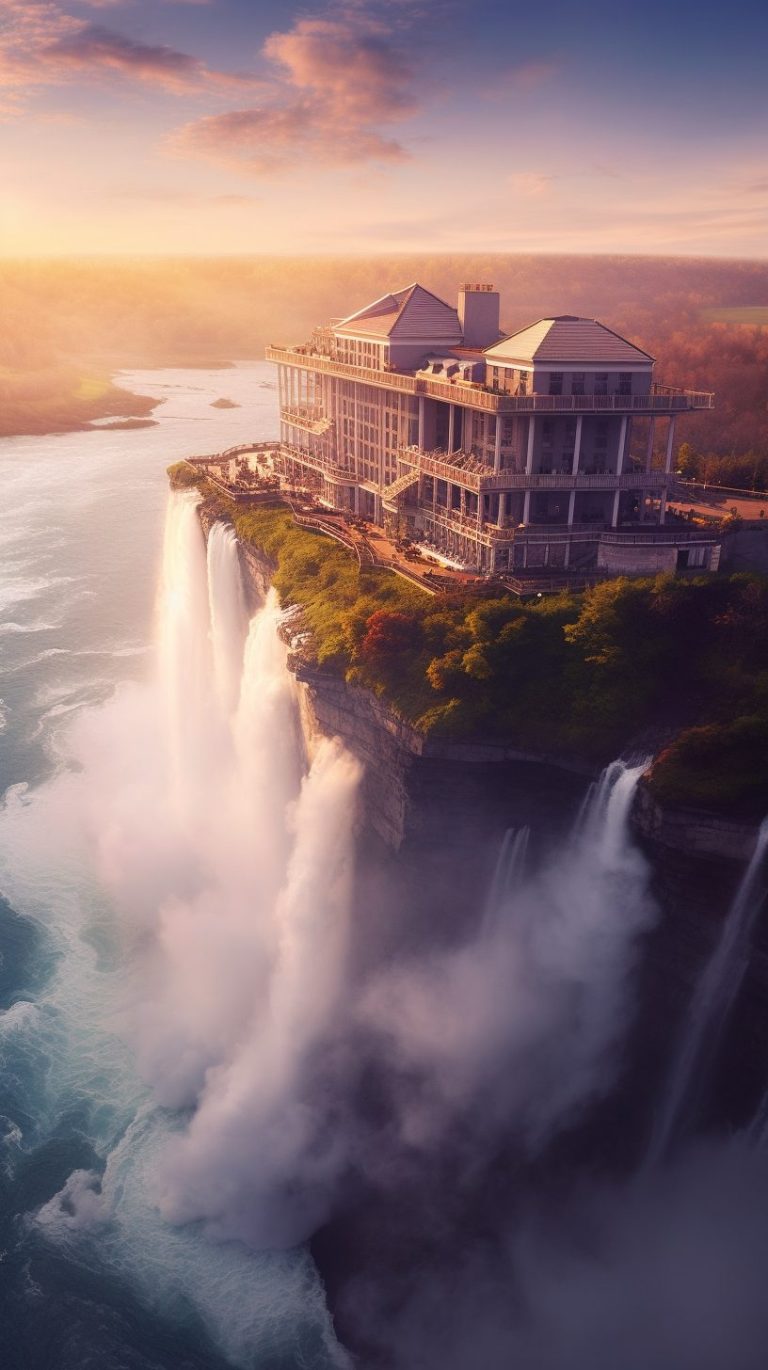 A Castle and Palace on a Mountain with Waterfalls