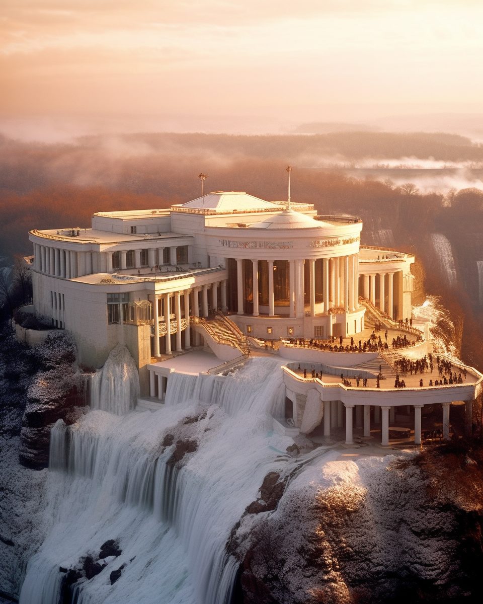 A Castle and Palace on a Mountain with Waterfalls