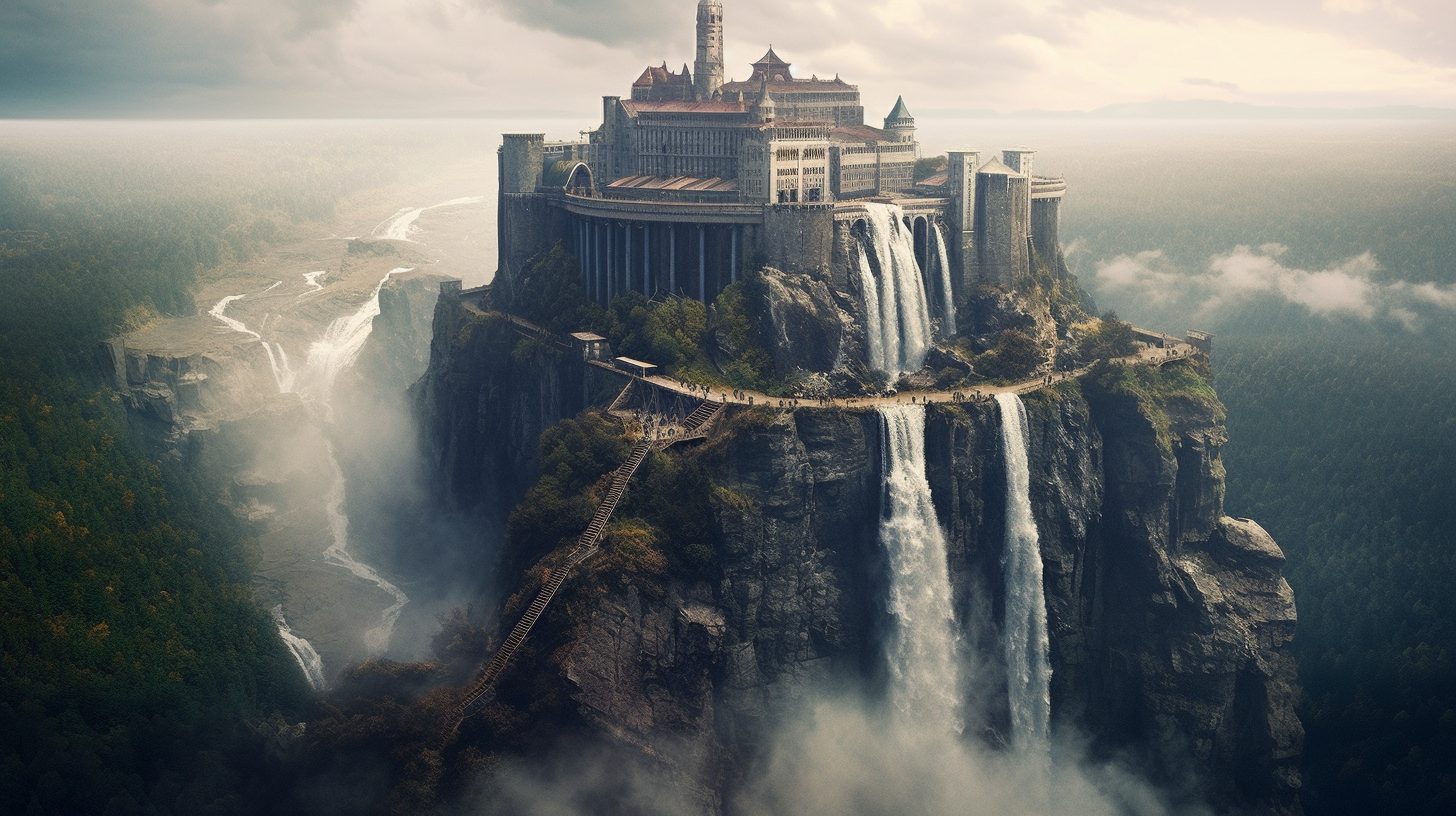 A Castle and Palace on a Mountain with Waterfalls