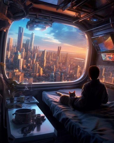 A Cat Chilling Inside a Cyberpunk Bedroom