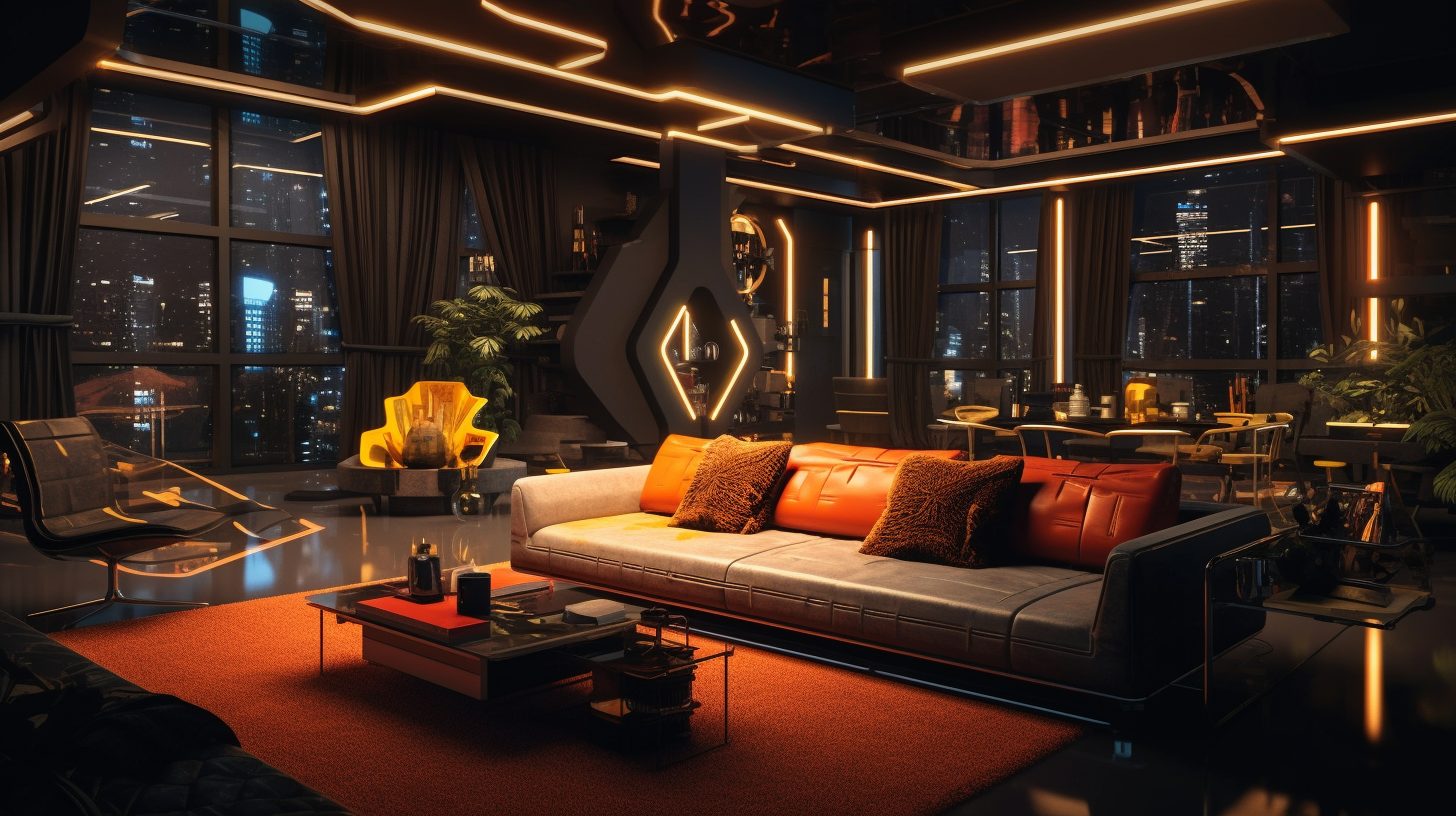 A Luxurious Black and Gold Cyberpunk Apartment