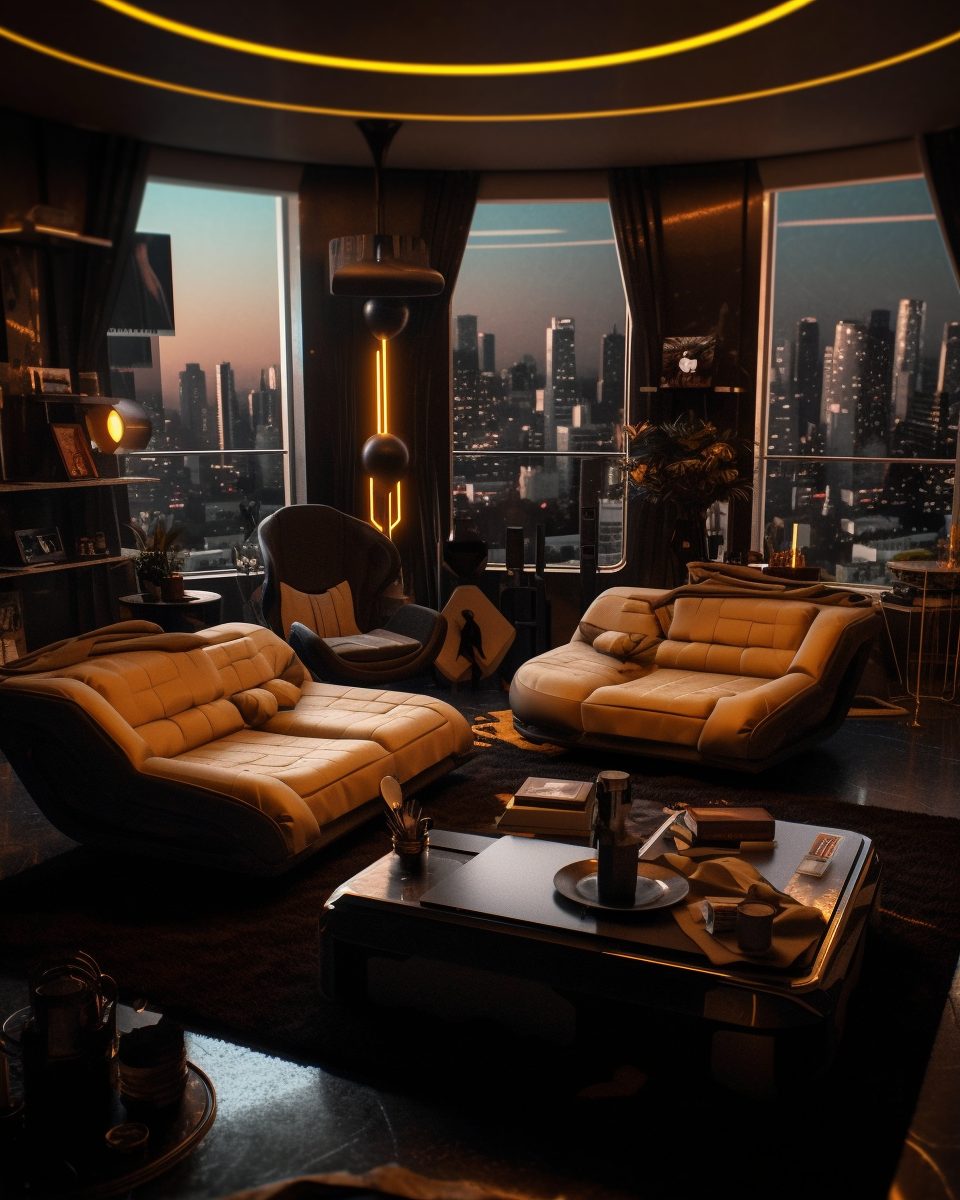 A Luxurious Black and Gold Cyberpunk Apartment