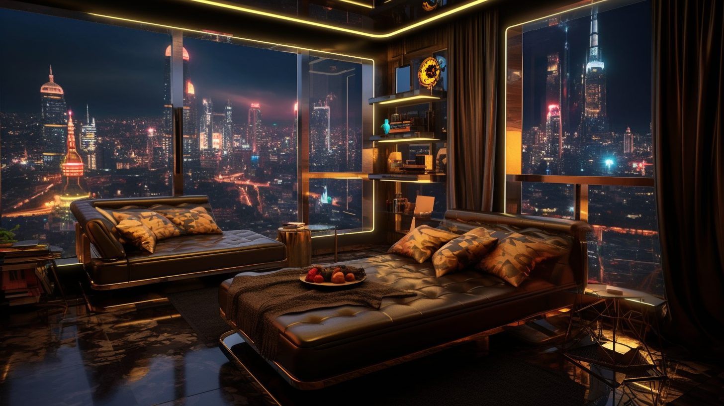 A Luxurious Black and Gold Cyberpunk Apartment