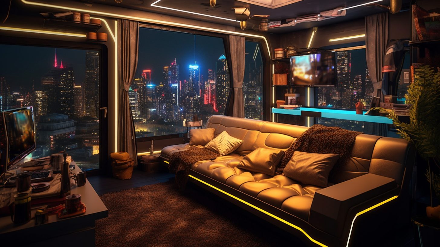 A Luxurious Black and Gold Cyberpunk Apartment
