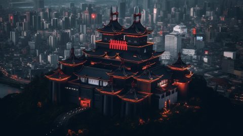 A Modern Dark Castle with Red Neon Lights
