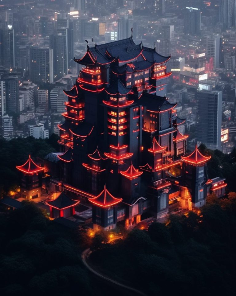 A Modern Dark Castle with Red Neon Lights
