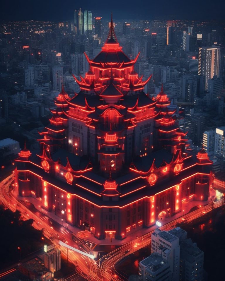 A Modern Dark Castle with Red Neon Lights