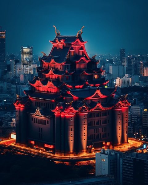 A Modern Dark Castle with Red Neon Lights