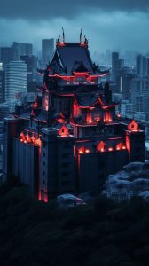 A Modern Dark Castle with Red Neon Lights