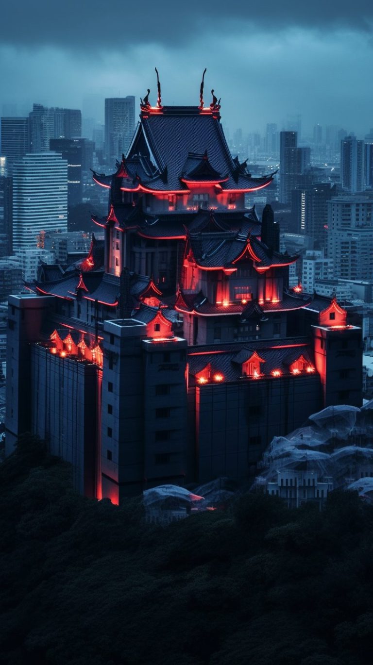 A Modern Dark Castle with Red Neon Lights