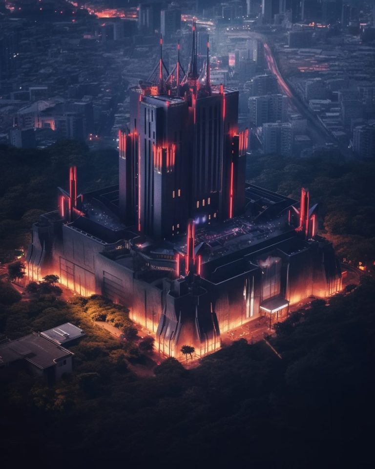 A Modern Dark Castle with Red Neon Lights