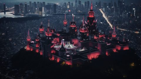 A Modern Dark Castle with Red Neon Lights