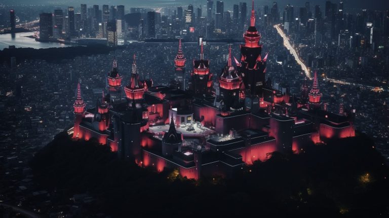 A Modern Dark Castle with Red Neon Lights