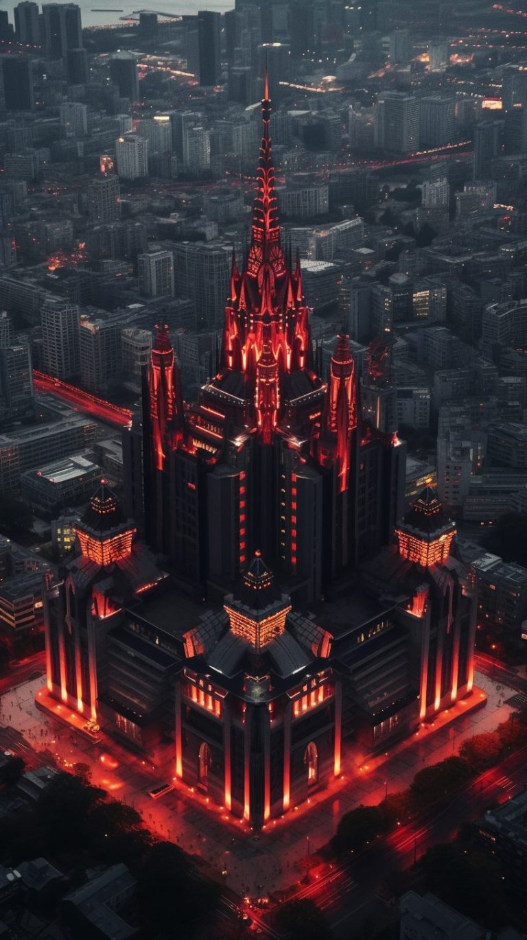 A Modern Dark Castle with Red Neon Lights