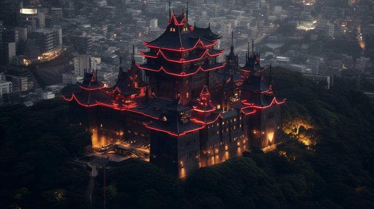 A Modern Dark Castle with Red Neon Lights