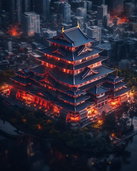 A Modern Dark Castle with Red Neon Lights