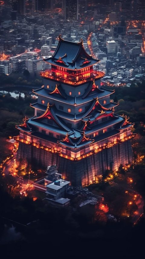 A Modern Dark Castle with Red Neon Lights