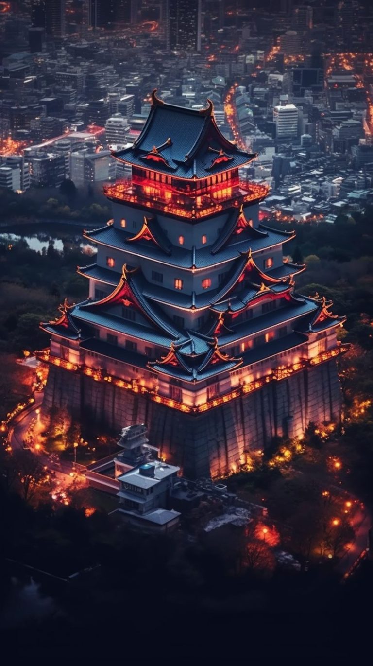 A Modern Dark Castle with Red Neon Lights