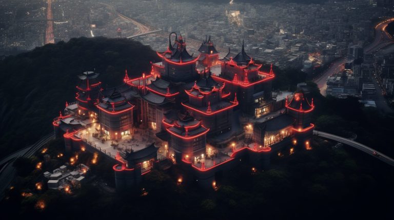 A Modern Dark Castle with Red Neon Lights