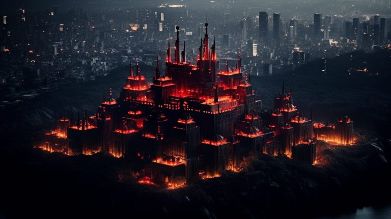 A Modern Dark Castle with Red Neon Lights