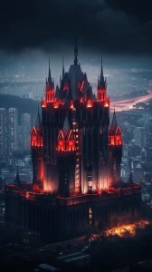 A Modern Dark Castle with Red Neon Lights