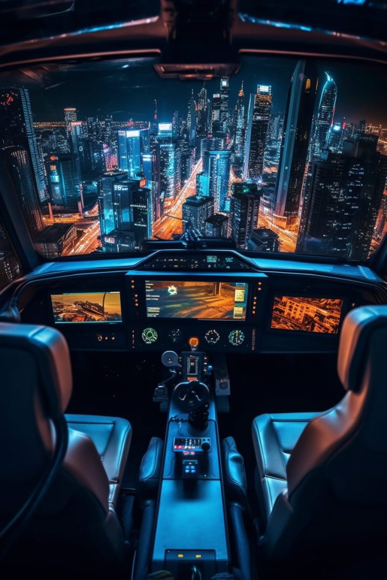 Aerial View of Cyberpunk City in a Flying Vehicle