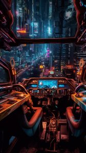 Aerial View of Cyberpunk City in a Flying Vehicle