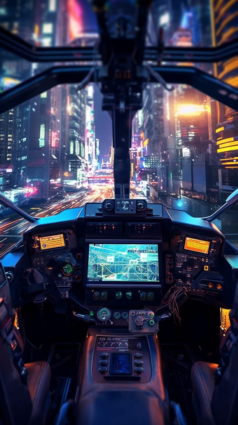 Aerial View of Cyberpunk City in a Flying Vehicle