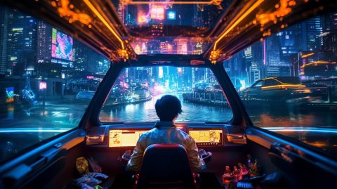 Aerial View of Cyberpunk City in a Flying Vehicle