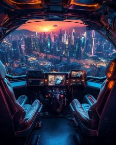 Aerial View of Cyberpunk City in a Flying Vehicle
