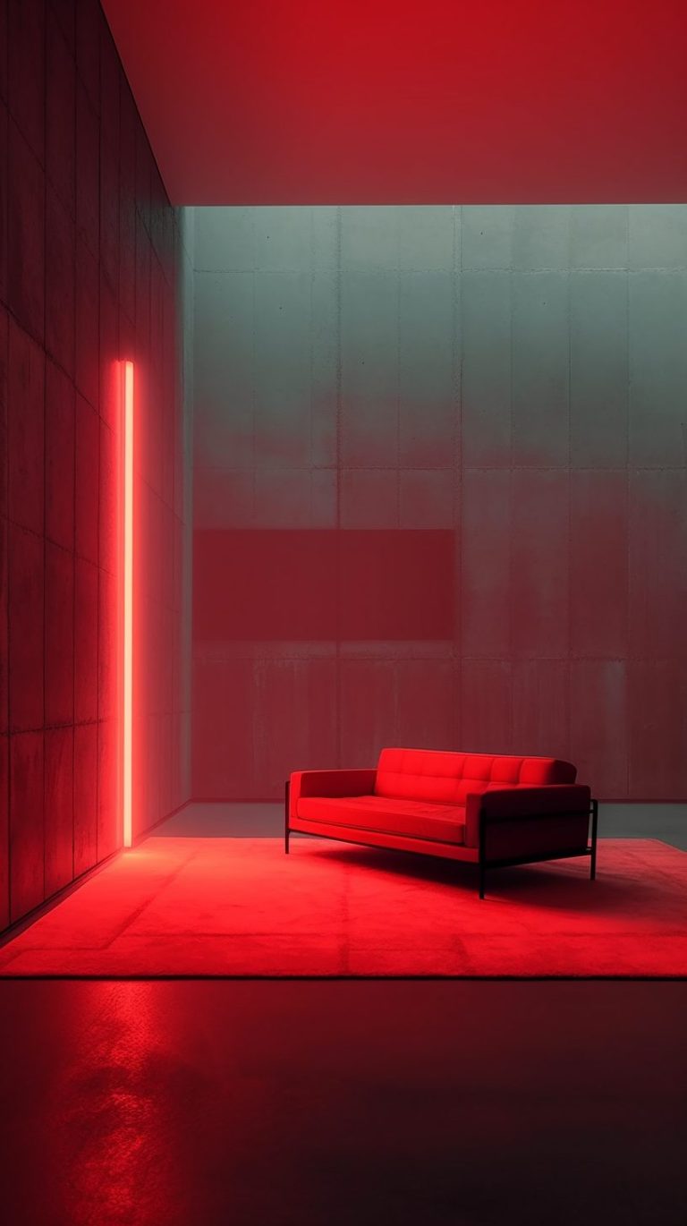 Brutalist and Minimalist Home Interior with Red Lighting