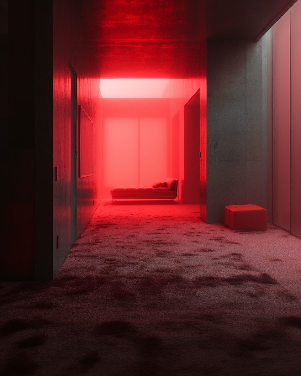 Brutalist and Minimalist Home Interior with Red Lighting