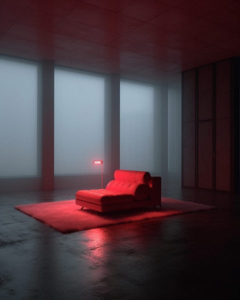 Brutalist and Minimalist Home Interior with Red Lighting